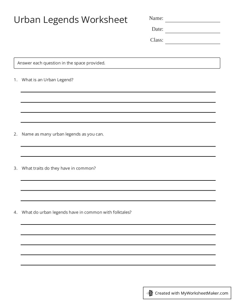 Urban Legends Worksheet - My Worksheet Maker: Create Your Own Worksheets