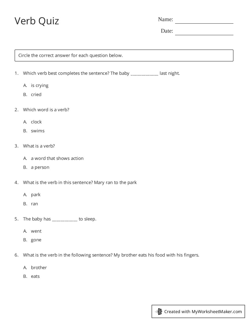 Verb Quiz - My Worksheet Maker: Create Your Own Worksheets
