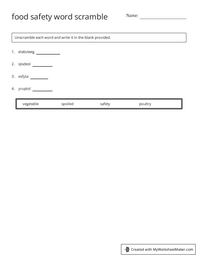 food safety word scramble - My Worksheet Maker: Create Your Own Worksheets