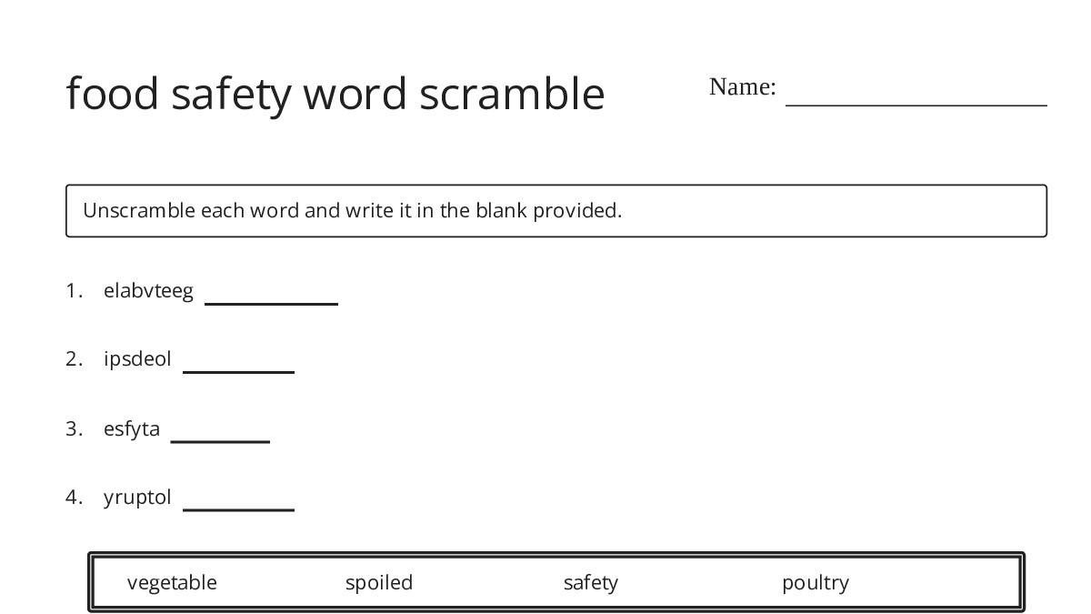 food safety word scramble - My Worksheet Maker: Create Your Own Worksheets