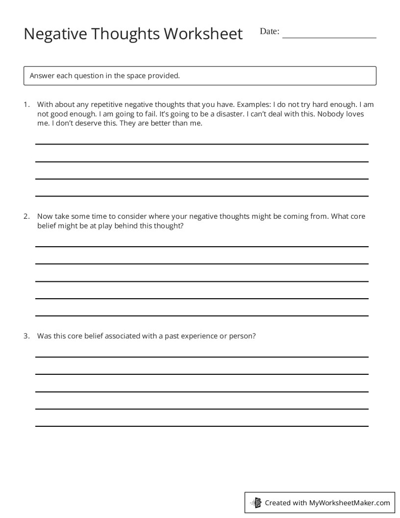 Negative Thoughts Worksheet - My Worksheet Maker: Create Your Own ...