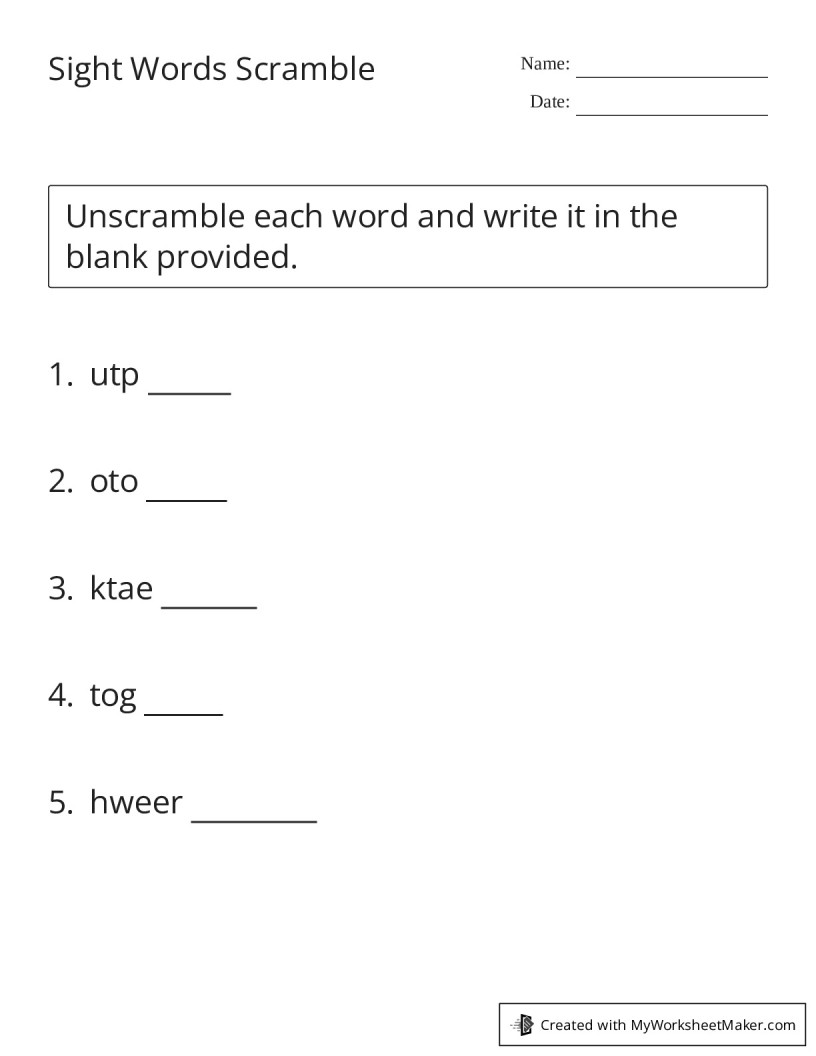 Sight Words Scramble - My Worksheet Maker: Create Your Own Worksheets