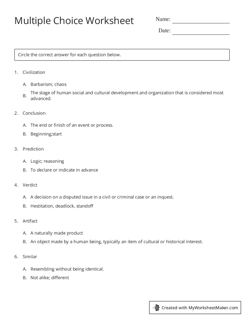 Multiple Choice Worksheet - My Worksheet Maker: Create Your Own Worksheets