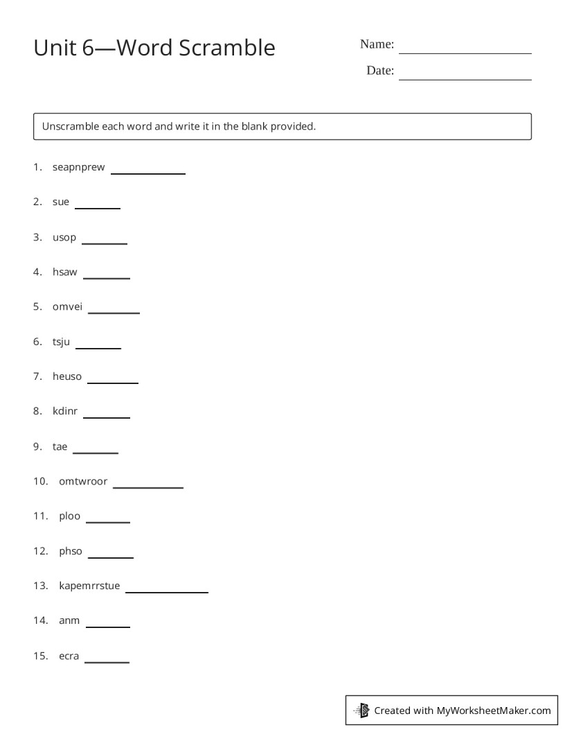 Unit 6—Word Scramble - My Worksheet Maker: Create Your Own Worksheets