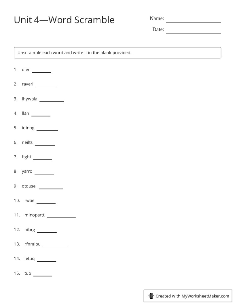 Unit 4—Word Scramble - My Worksheet Maker: Create Your Own Worksheets