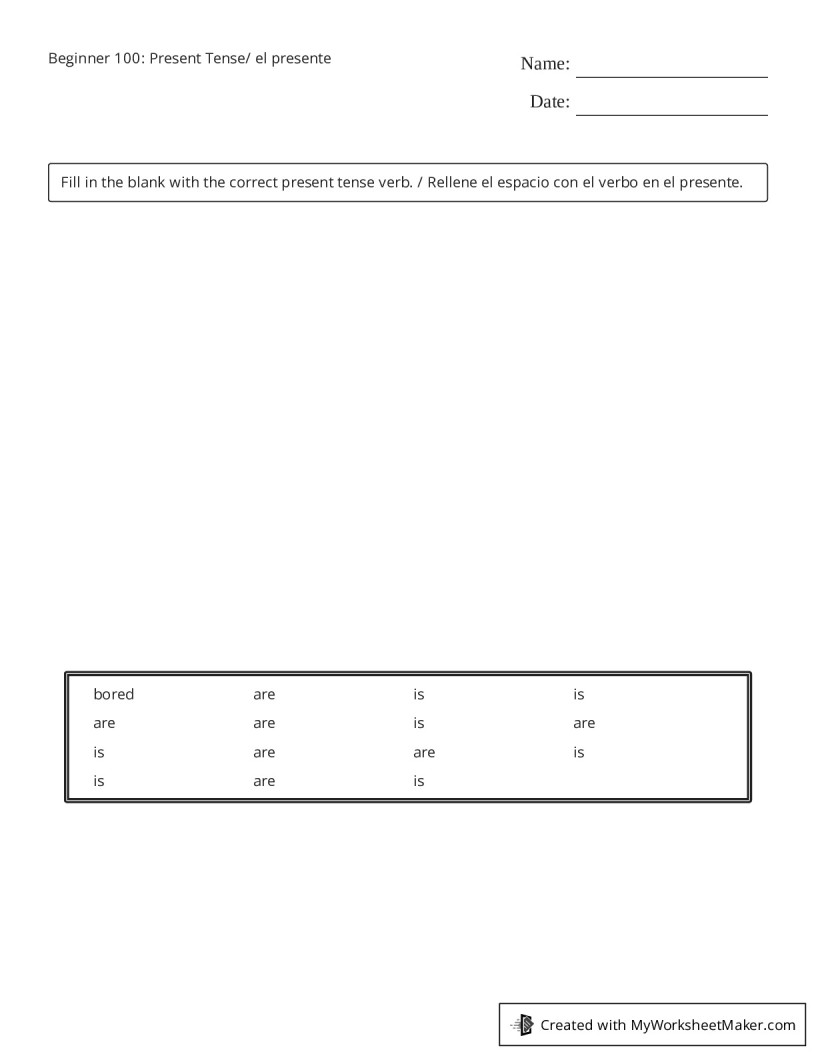 Beginner 100: Present Tense/ el presente - My Worksheet Maker: Create ...