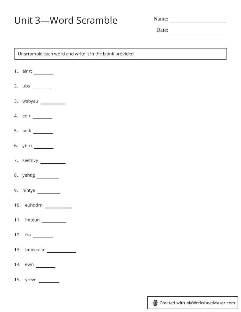Unit 3—Word Scramble - My Worksheet Maker: Create Your Own Worksheets