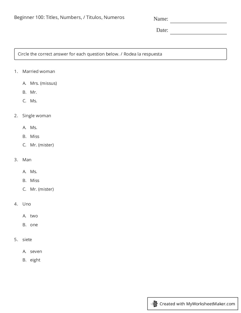 Beginner 100: Titles, Numbers, / Titulos, Numeros - My Worksheet Maker ...