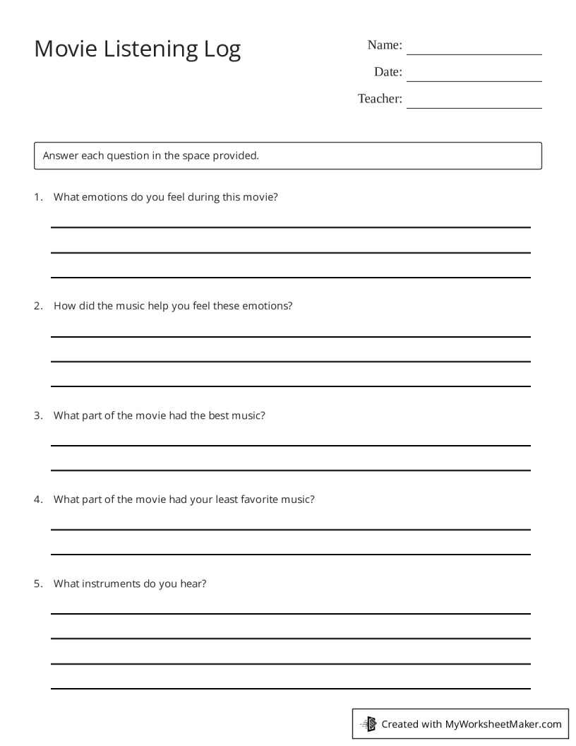 Movie Listening Log - My Worksheet Maker: Create Your Own Worksheets