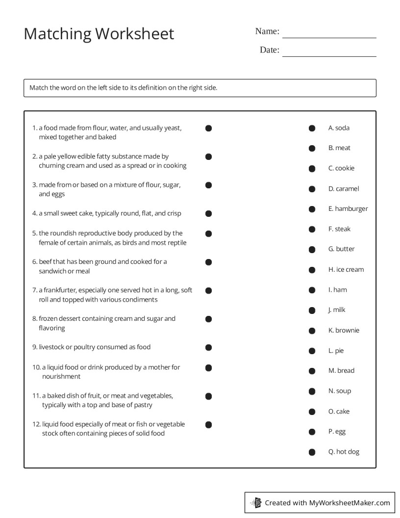 Matching Worksheet - My Worksheet Maker: Create Your Own Worksheets