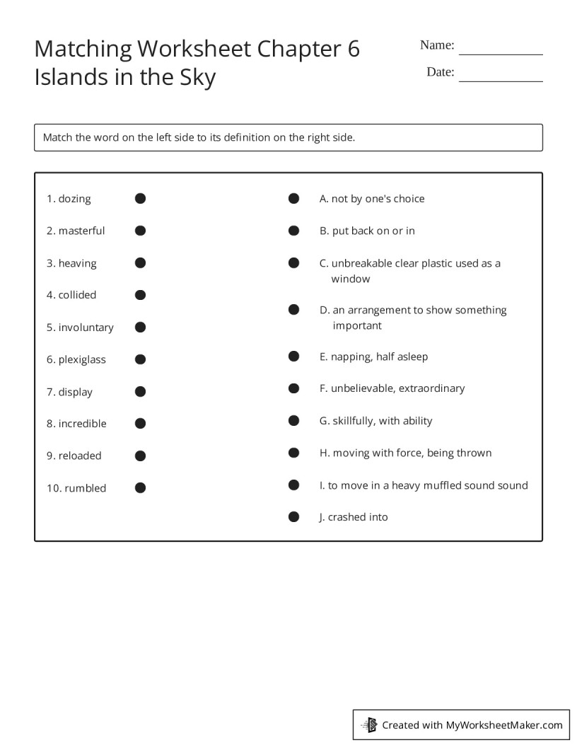 Matching Worksheet Chapter 6 Islands in the Sky - My Worksheet Maker: Create Your Own Worksheets