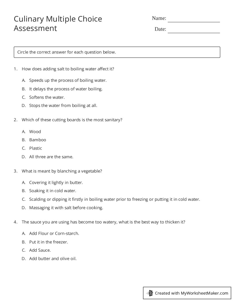 Culinary Multiple Choice Assessment - My Worksheet Maker: Create Your ...