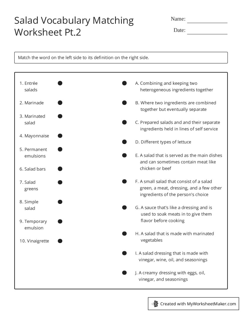 Salad Vocabulary Matching Worksheet Pt.2 - My Worksheet Maker: Create ...