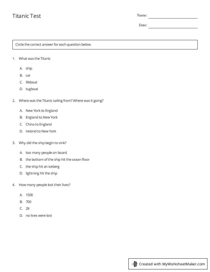 Titanic Test - My Worksheet Maker: Create Your Own Worksheets