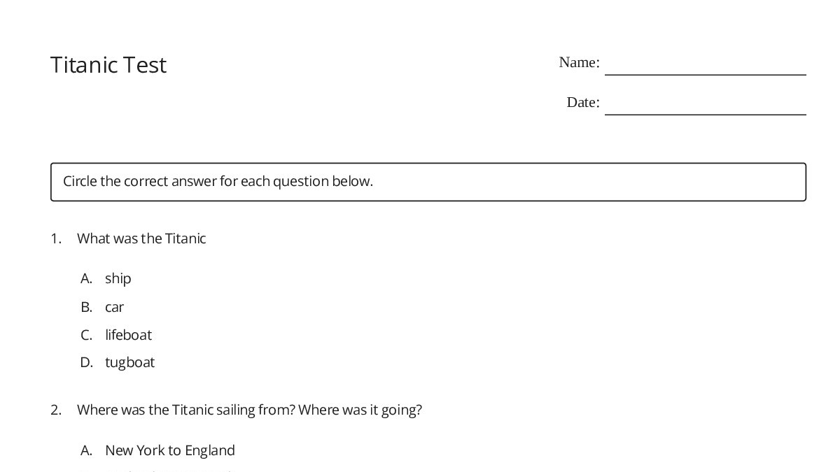 Titanic Test - My Worksheet Maker: Create Your Own Worksheets