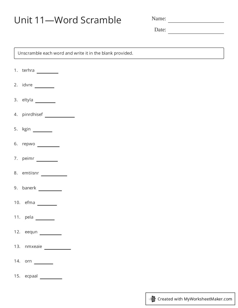 Unit 11—Word Scramble - My Worksheet Maker: Create Your Own Worksheets