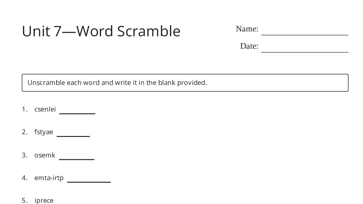 Unit 7—Word Scramble - My Worksheet Maker: Create Your Own Worksheets
