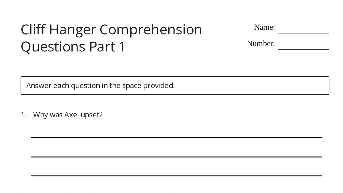 Cliff Hanger Comprehension Questions Part 1 - My Worksheet Maker ...
