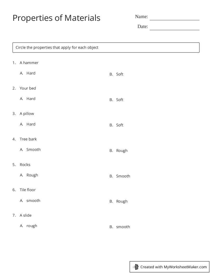 Properties of Materials - My Worksheet Maker: Create Your Own Worksheets