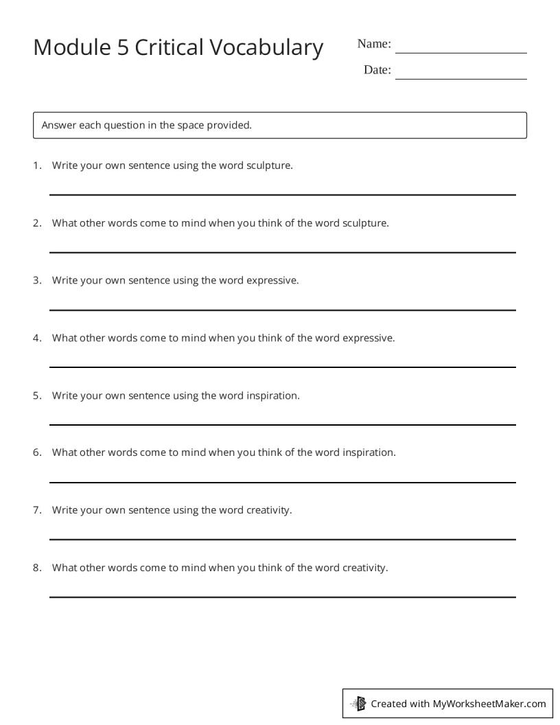 Module 5 Critical Vocabulary - My Worksheet Maker: Create Your Own ...