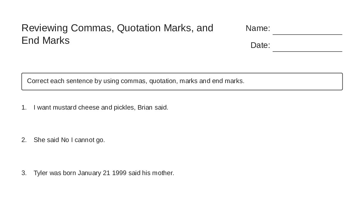 Reviewing Commas, Quotation Marks, and End Marks - My Worksheet Maker ...