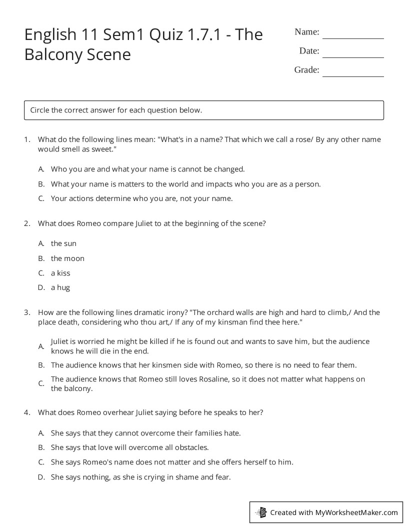 English 11 Sem1 Quiz 1.7.1 - The Balcony Scene - My Worksheet Maker ...