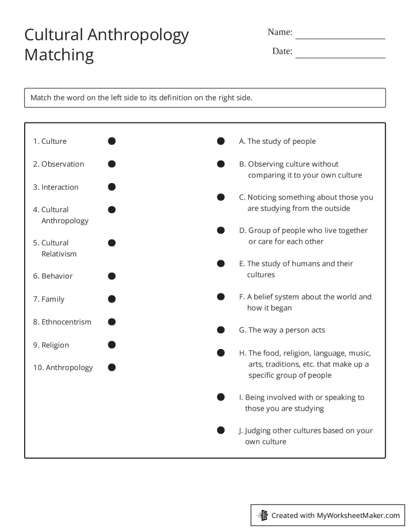 Cultural Anthropology Matching - My Worksheet Maker: Create Your Own ...