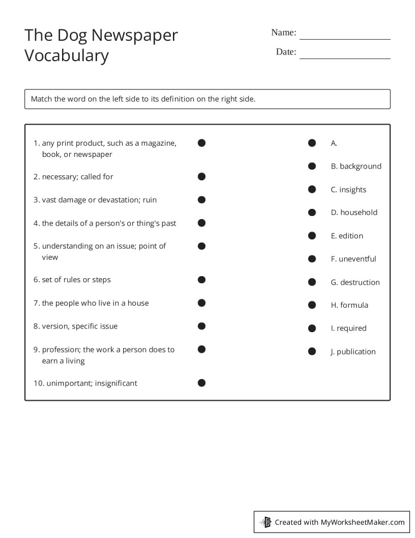 The Dog Newspaper Vocabulary - My Worksheet Maker: Create Your Own ...
