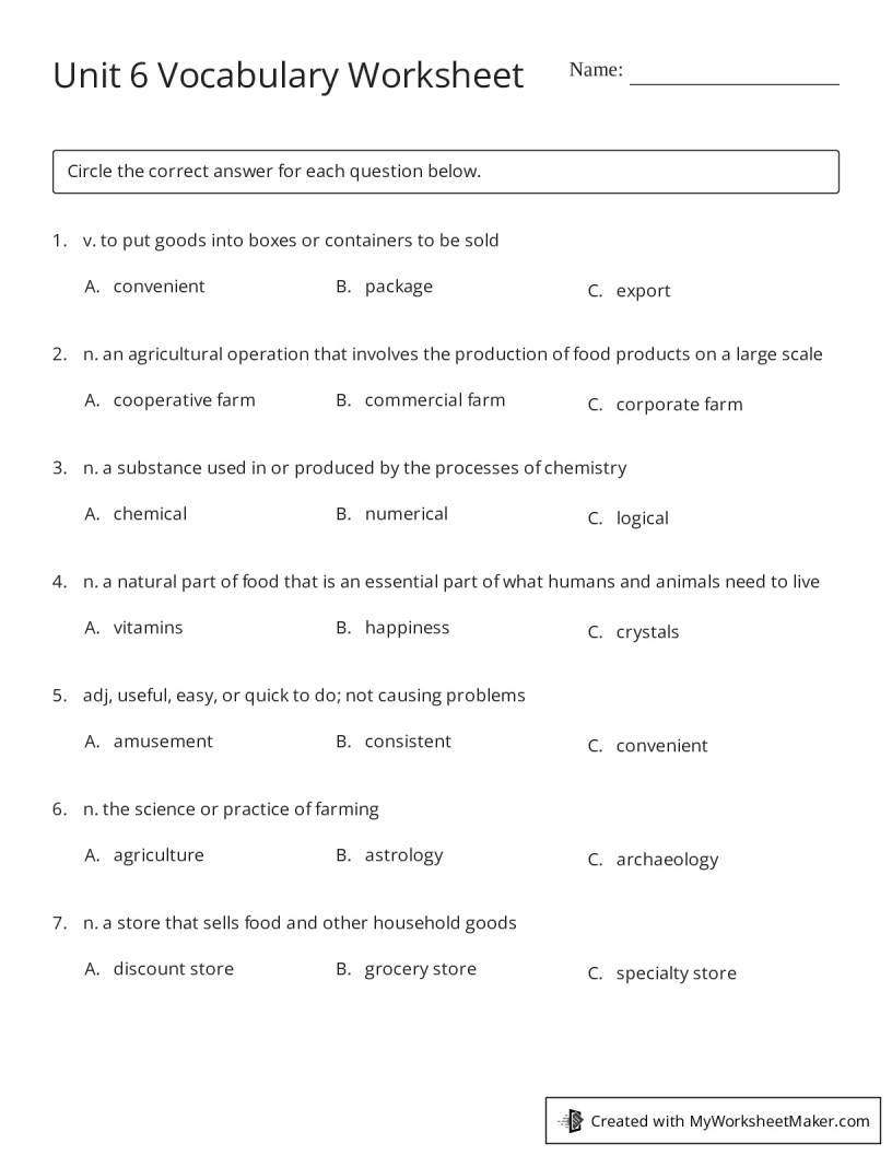 Unit 6 Vocabulary Worksheet - My Worksheet Maker: Create Your Own ...