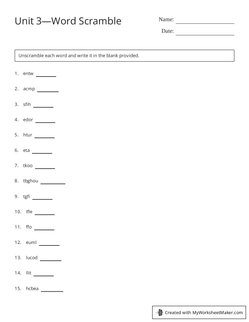 Unit 3—Word Scramble - My Worksheet Maker: Create Your Own Worksheets
