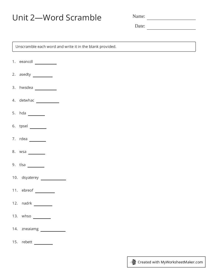 Unit 2—Word Scramble - My Worksheet Maker: Create Your Own Worksheets
