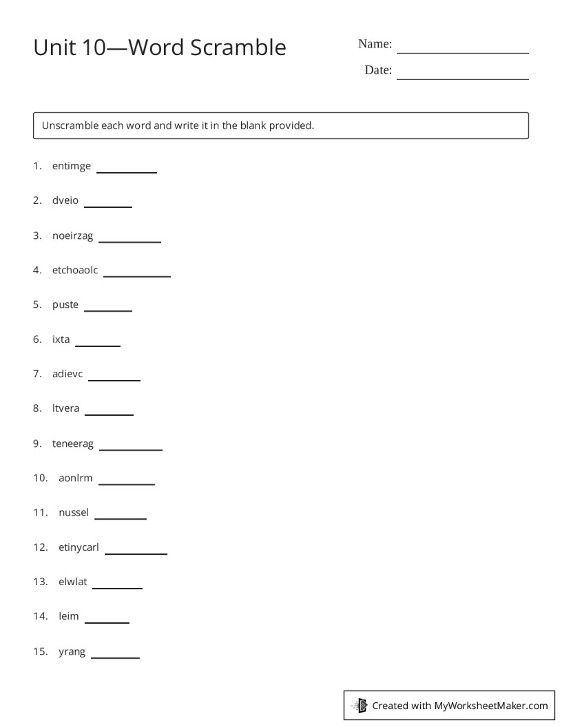 Unit 10—Word Scramble - My Worksheet Maker: Create Your Own Worksheets