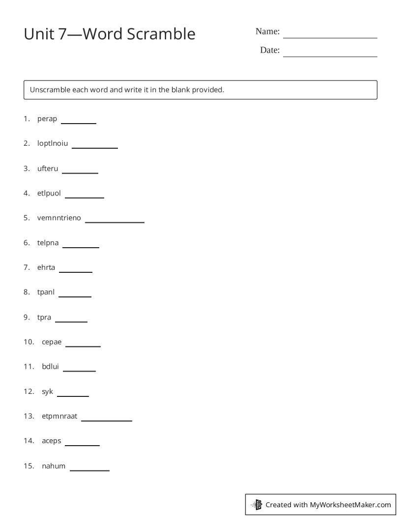 Unit 7—Word Scramble - My Worksheet Maker: Create Your Own Worksheets