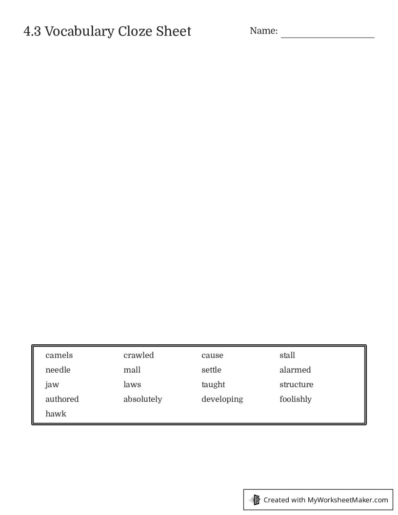 4.3 Vocabulary Cloze Sheet - My Worksheet Maker: Create Your Own Worksheets