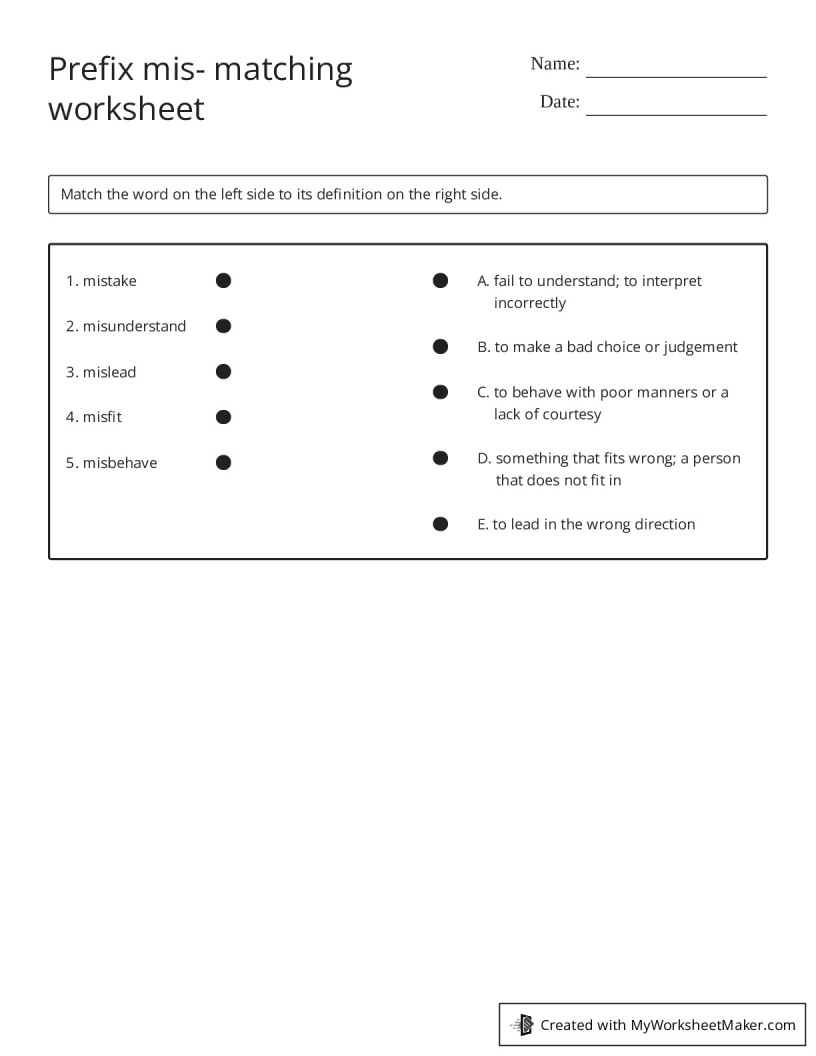 Prefix mis- matching worksheet - My Worksheet Maker: Create Your Own ...