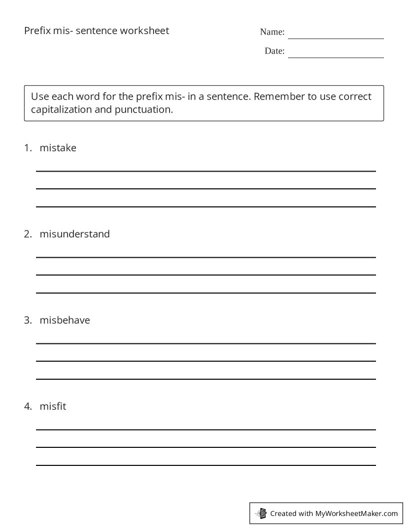 Prefix mis- sentence worksheet - My Worksheet Maker: Create Your Own ...