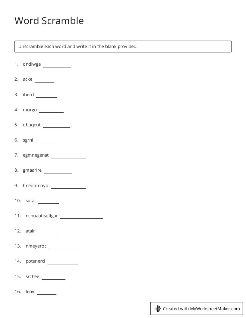 Word Scramble - My Worksheet Maker: Create Your Own Worksheets