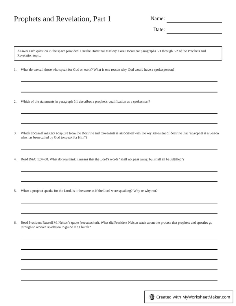 Prophets and Revelation, Part 1 - My Worksheet Maker: Create Your Own ...
