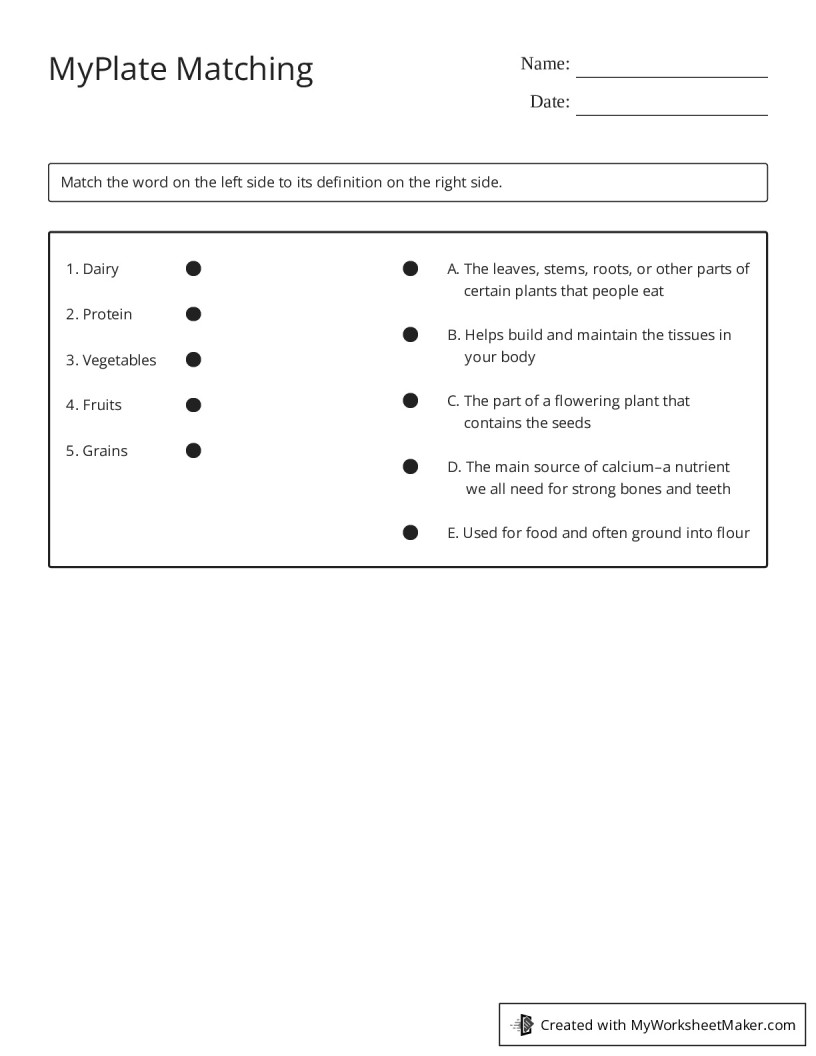 MyPlate Matching - My Worksheet Maker: Create Your Own Worksheets