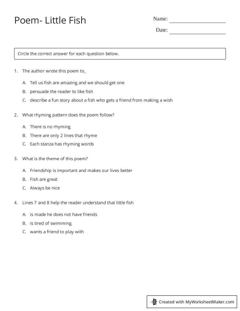 Poem- Little Fish - My Worksheet Maker: Create Your Own Worksheets
