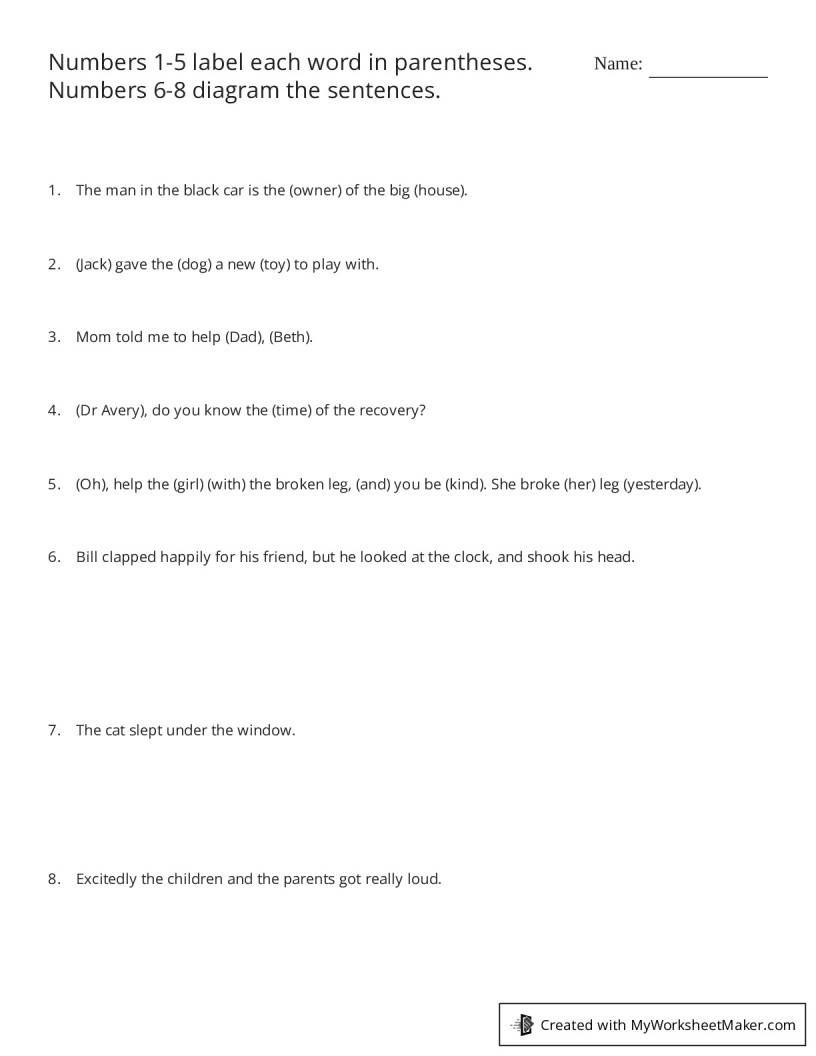 Numbers 1-5 label each word in parentheses. Numbers 6-8 diagram the ...