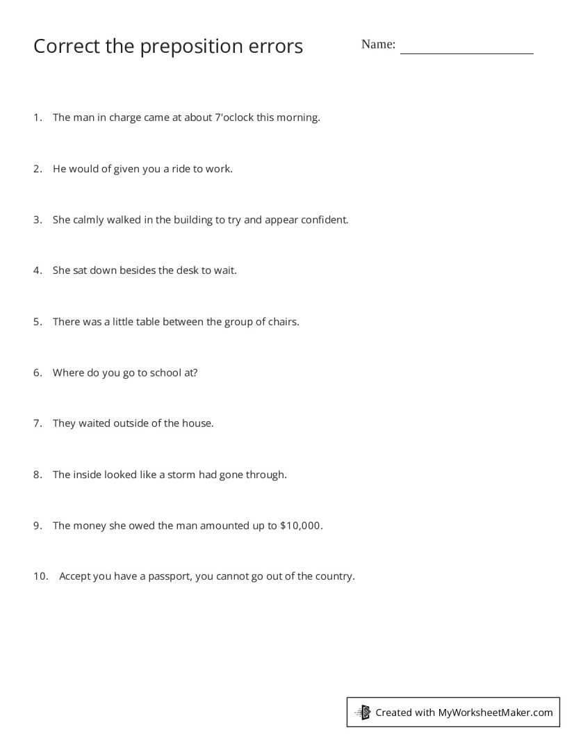 Correct the preposition errors - My Worksheet Maker: Create Your Own Worksheets