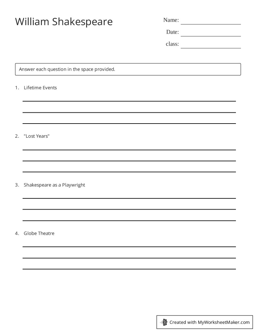William Shakespeare - My Worksheet Maker: Create Your Own Worksheets