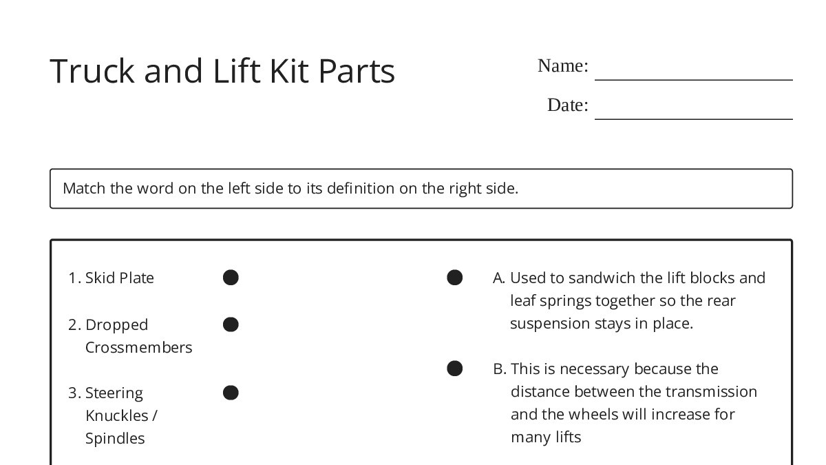 Truck and Lift Kit Parts - My Worksheet Maker: Create Your Own Worksheets