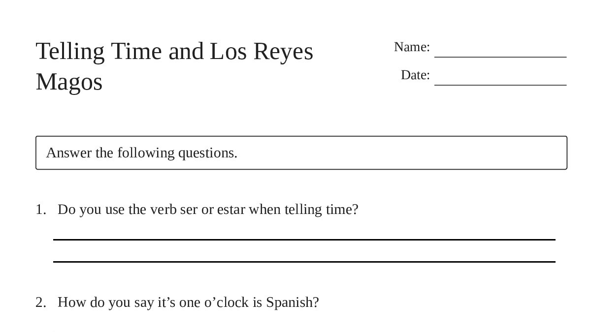 Telling Time and Los Reyes Magos - My Worksheet Maker: Create Your Own ...