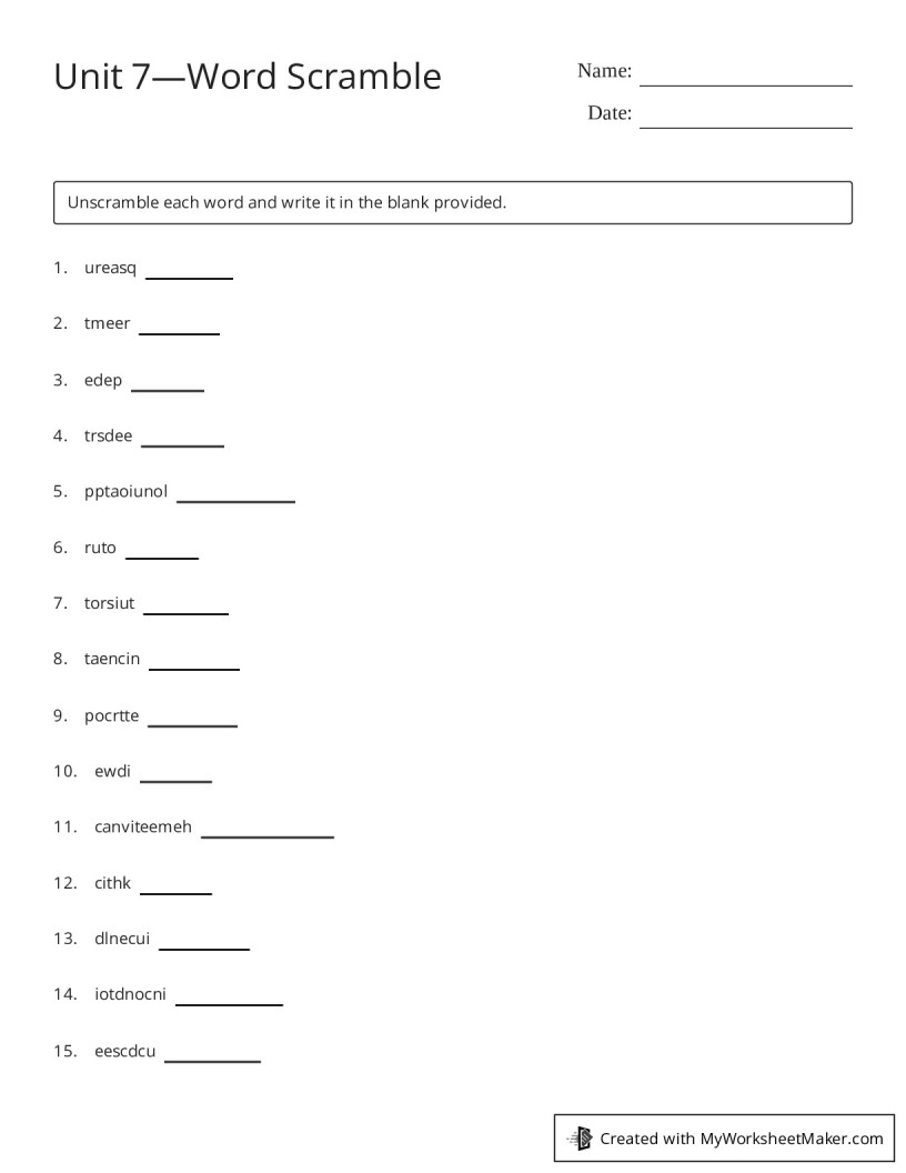 Unit 7—Word Scramble - My Worksheet Maker: Create Your Own Worksheets