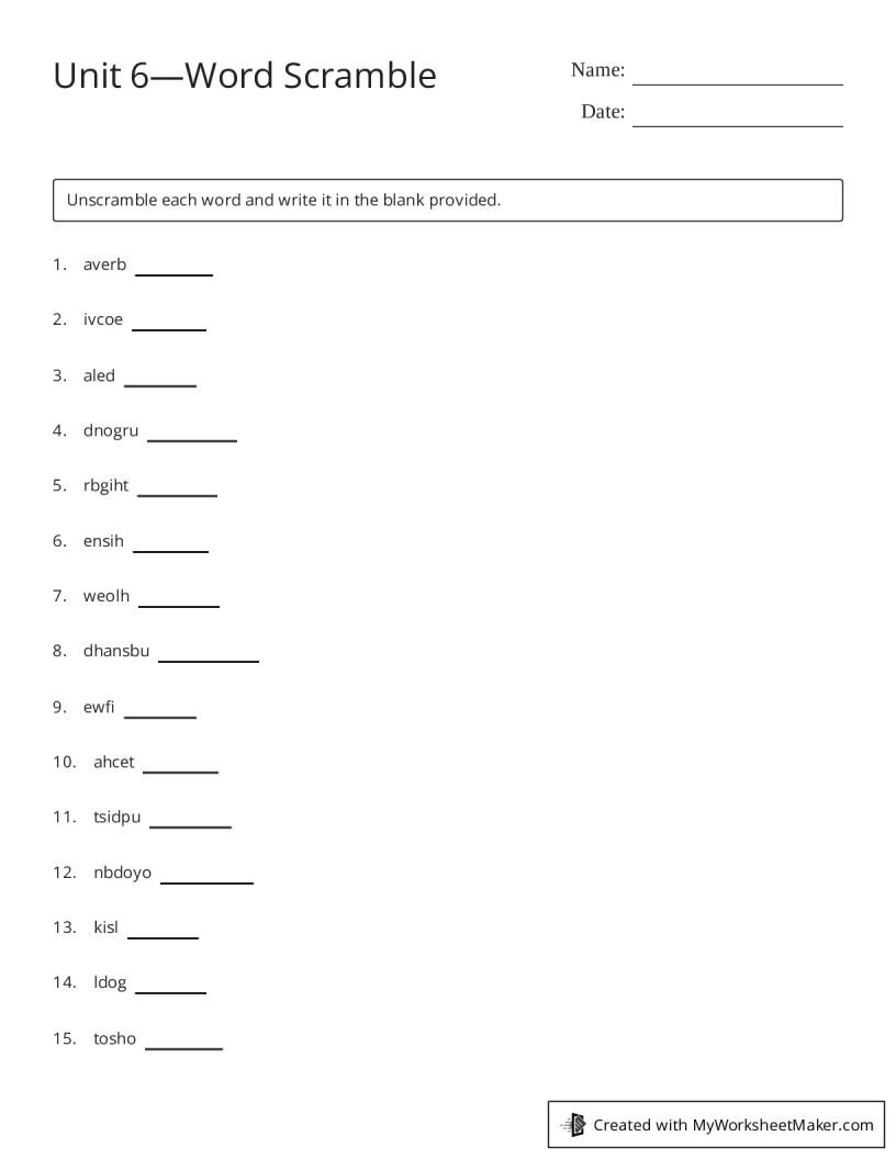 Unit 6—Word Scramble - My Worksheet Maker: Create Your Own Worksheets