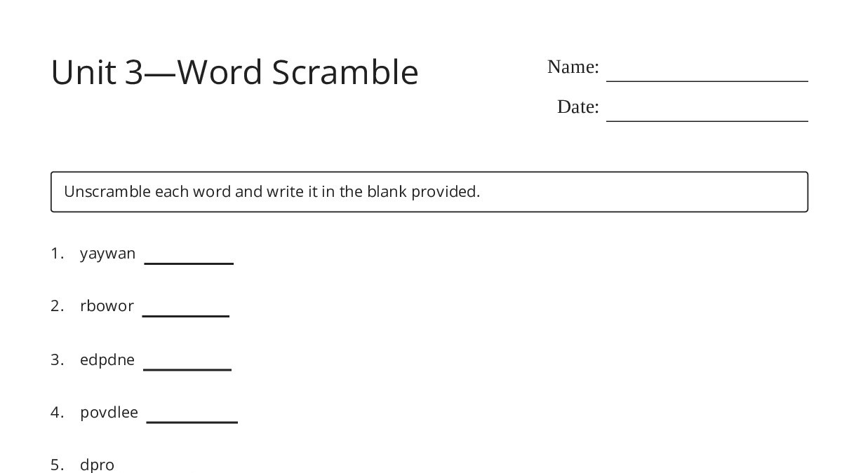 Unit 3—Word Scramble - My Worksheet Maker: Create Your Own Worksheets