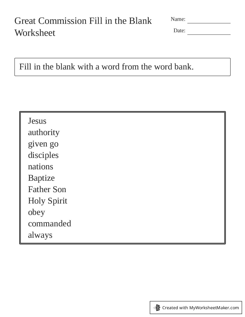 Great Commission Fill in the Blank Worksheet - My Worksheet Maker ...