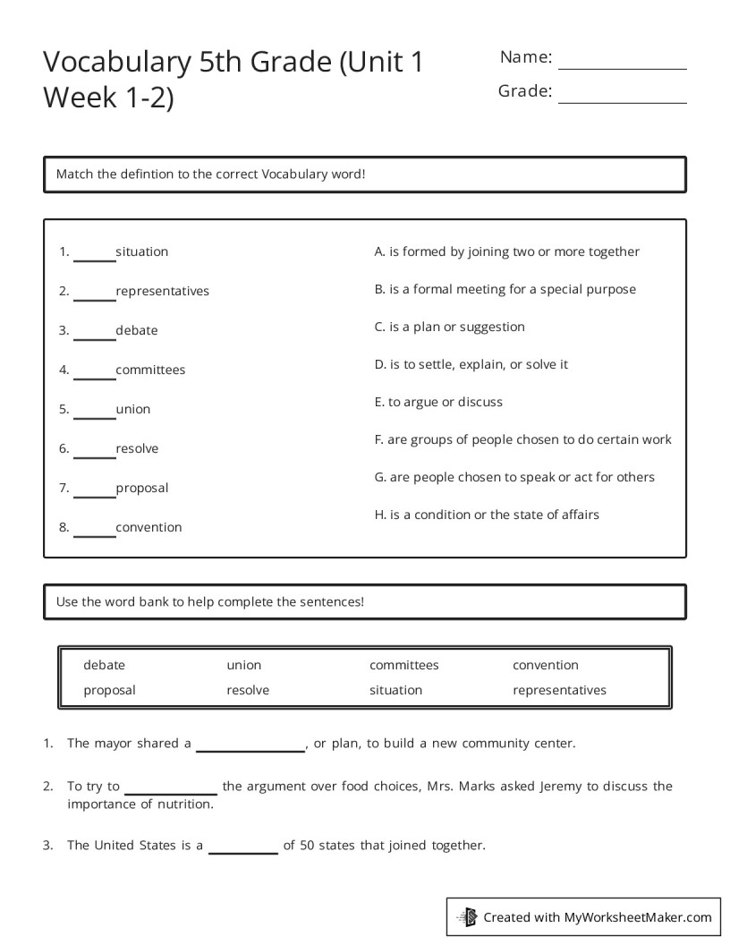 Vocabulary 5th Grade (Unit 1 Week 1-2) - My Worksheet Maker: Create ...